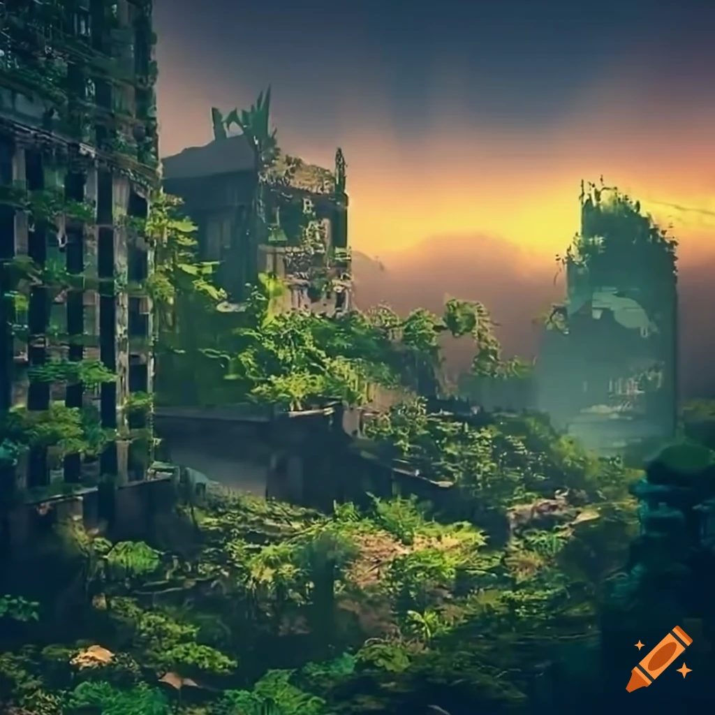 Greenery covering abandoned futuristic ruins on Craiyon