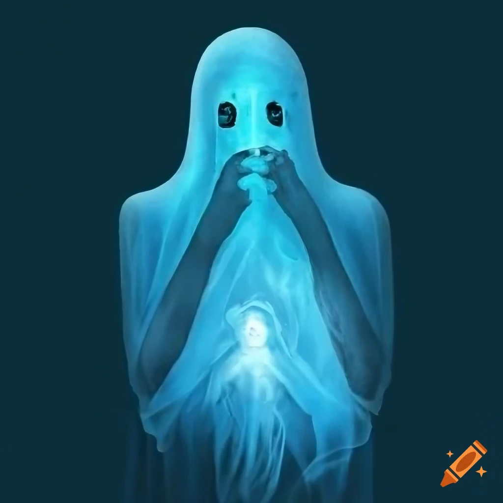 Surreal artwork of two blue ghosts in a graveyard on Craiyon