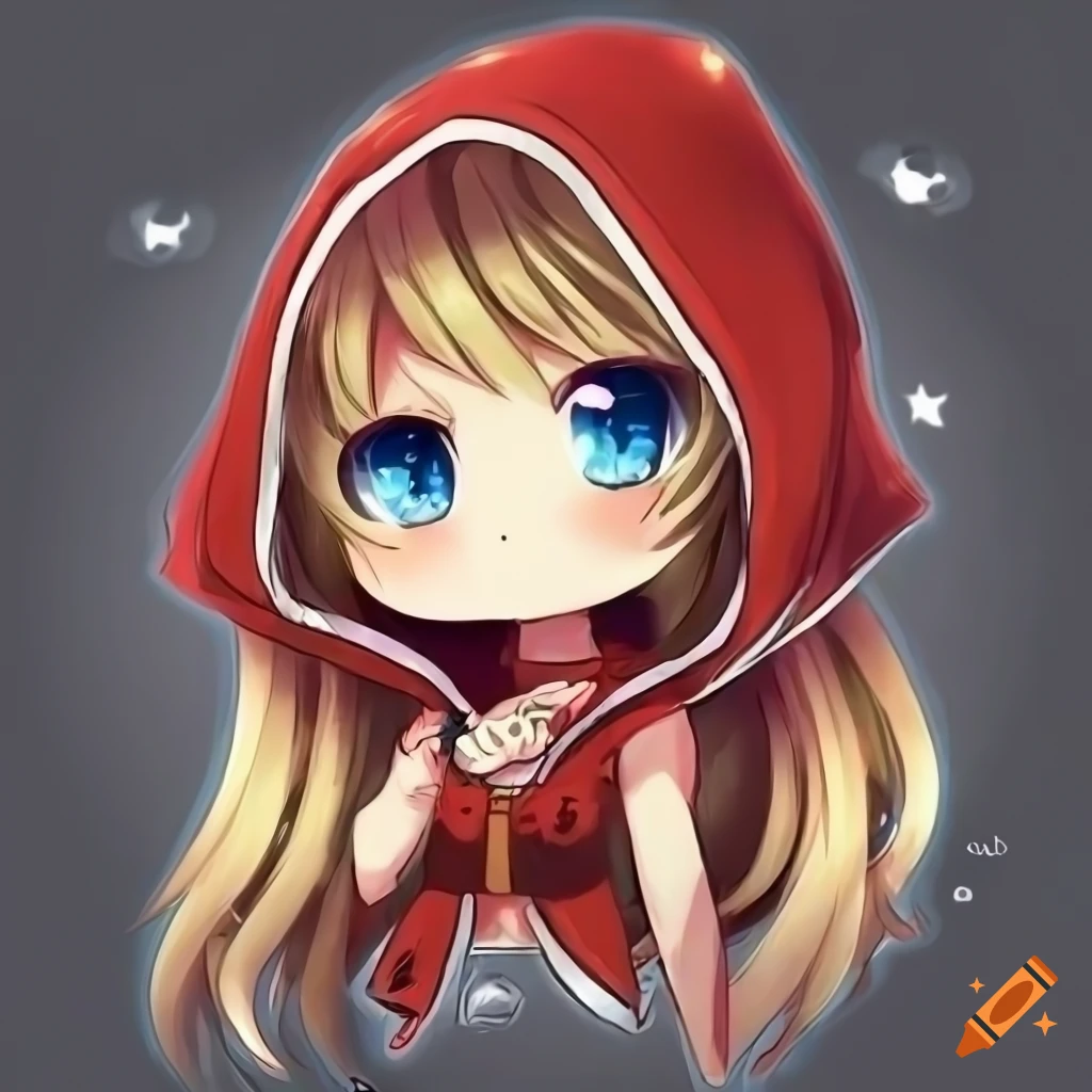 Chibi Red Riding Hood with cat ears and blue eyes on Craiyon