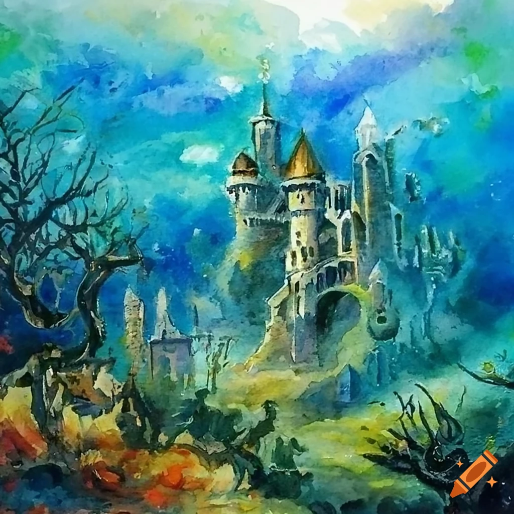Watercolor painting of an underwater magical castle on Craiyon