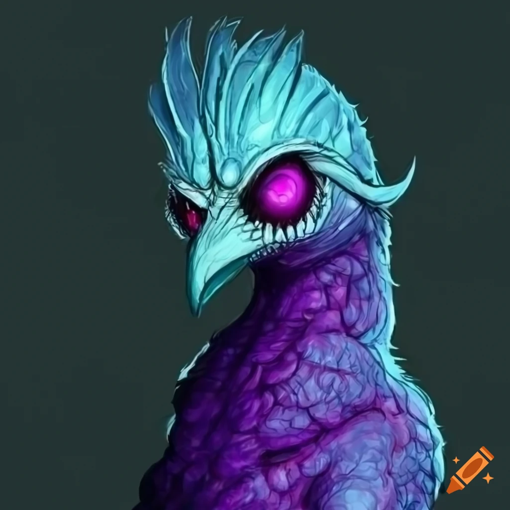 Illustration of a monstrous bird with violet eyes on Craiyon