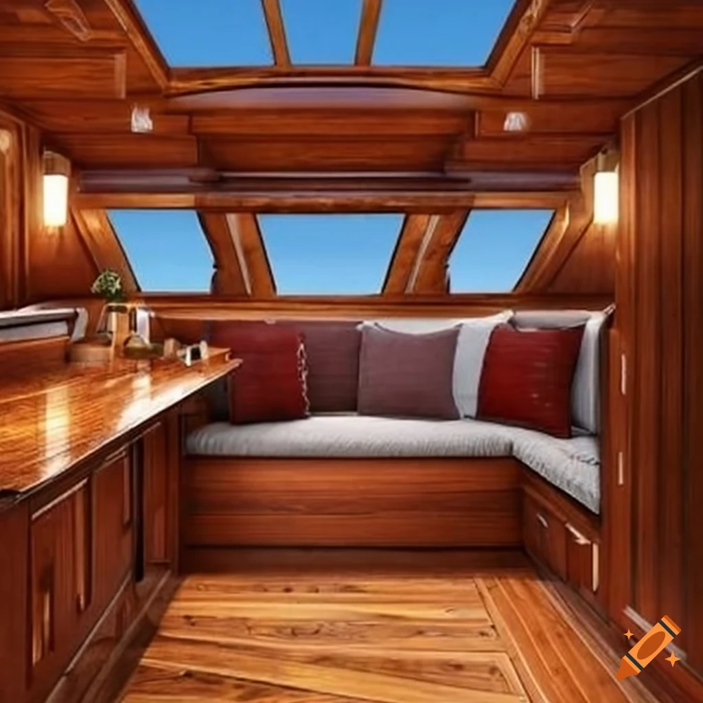 Luxurious mahogany boat cabin with exquisite woodwork on Craiyon