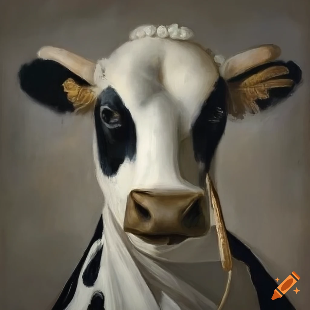 Renaissance-style painting of a cow with a pearl earring on Craiyon