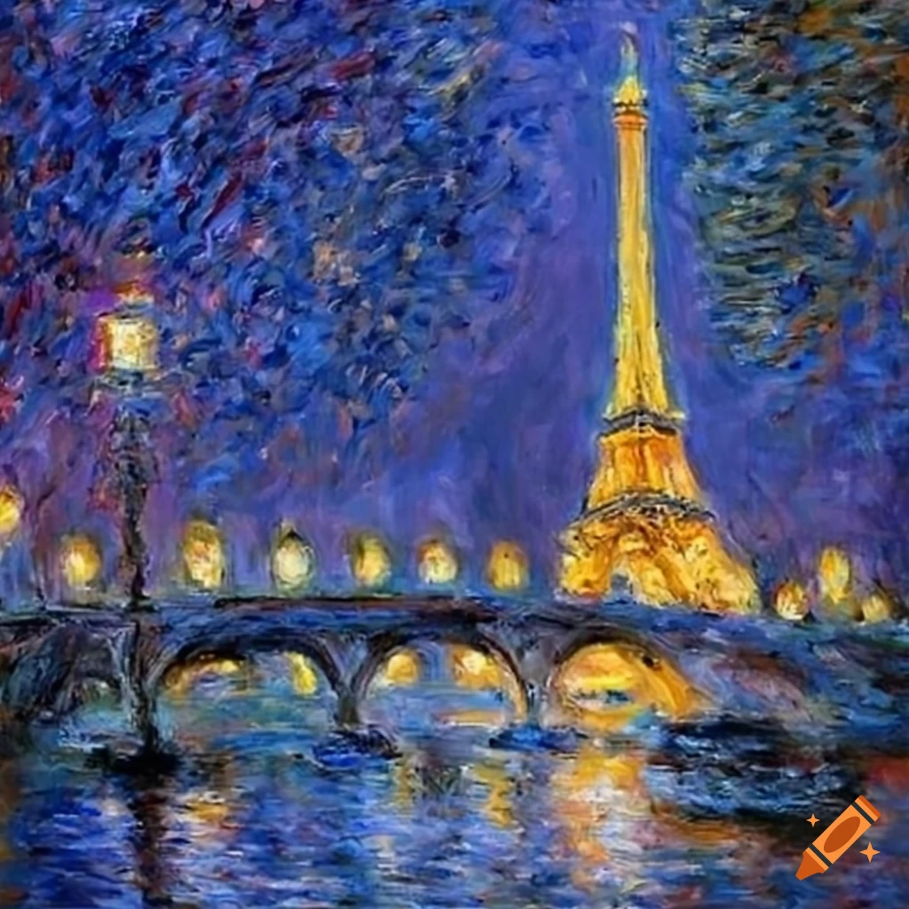 Monet's painting of the illuminated Eiffel Tower at night on Craiyon