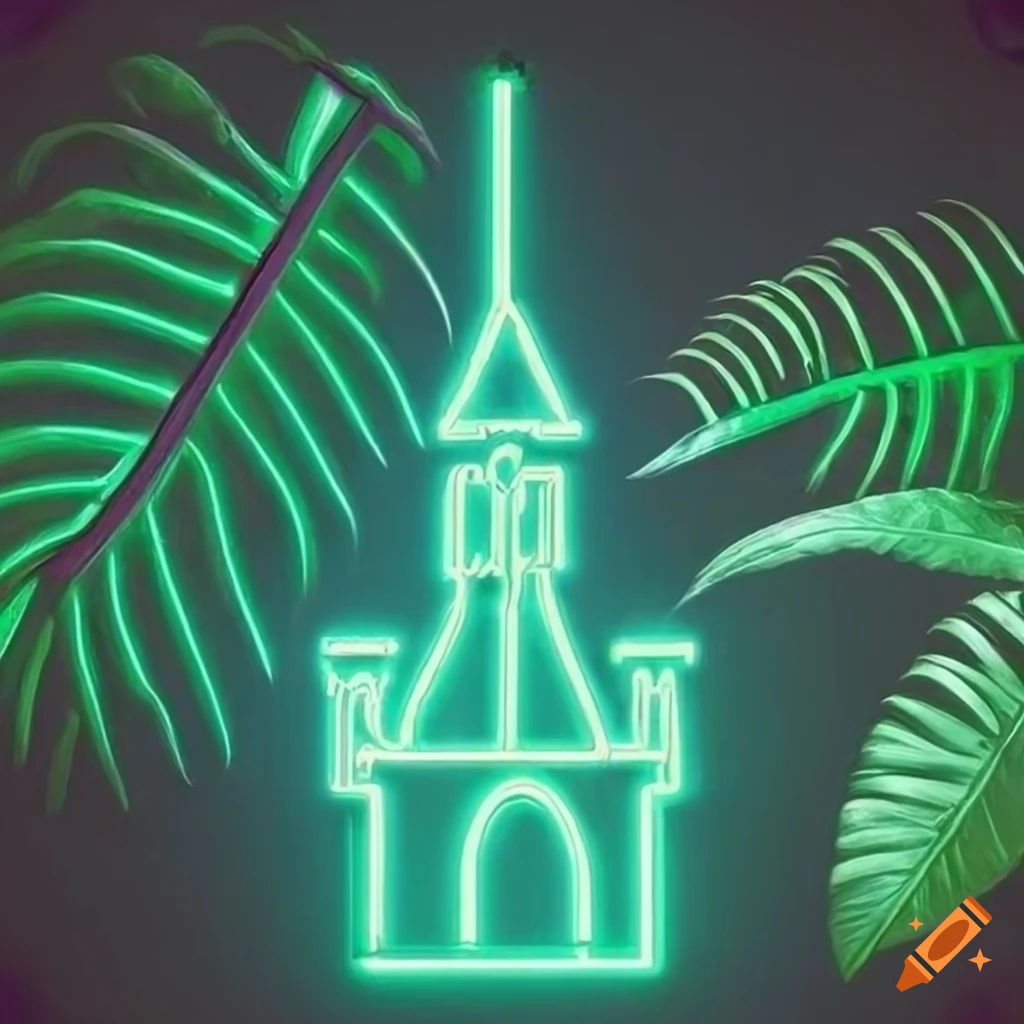 Neon sign of a medieval castle in a dark setting on Craiyon