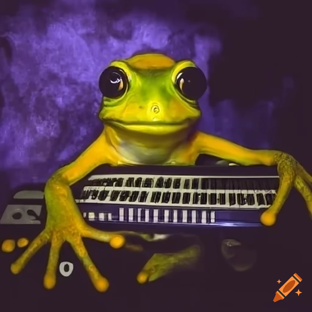 Yellow alien frog playing synthesizer in a vintage spaceship on Craiyon