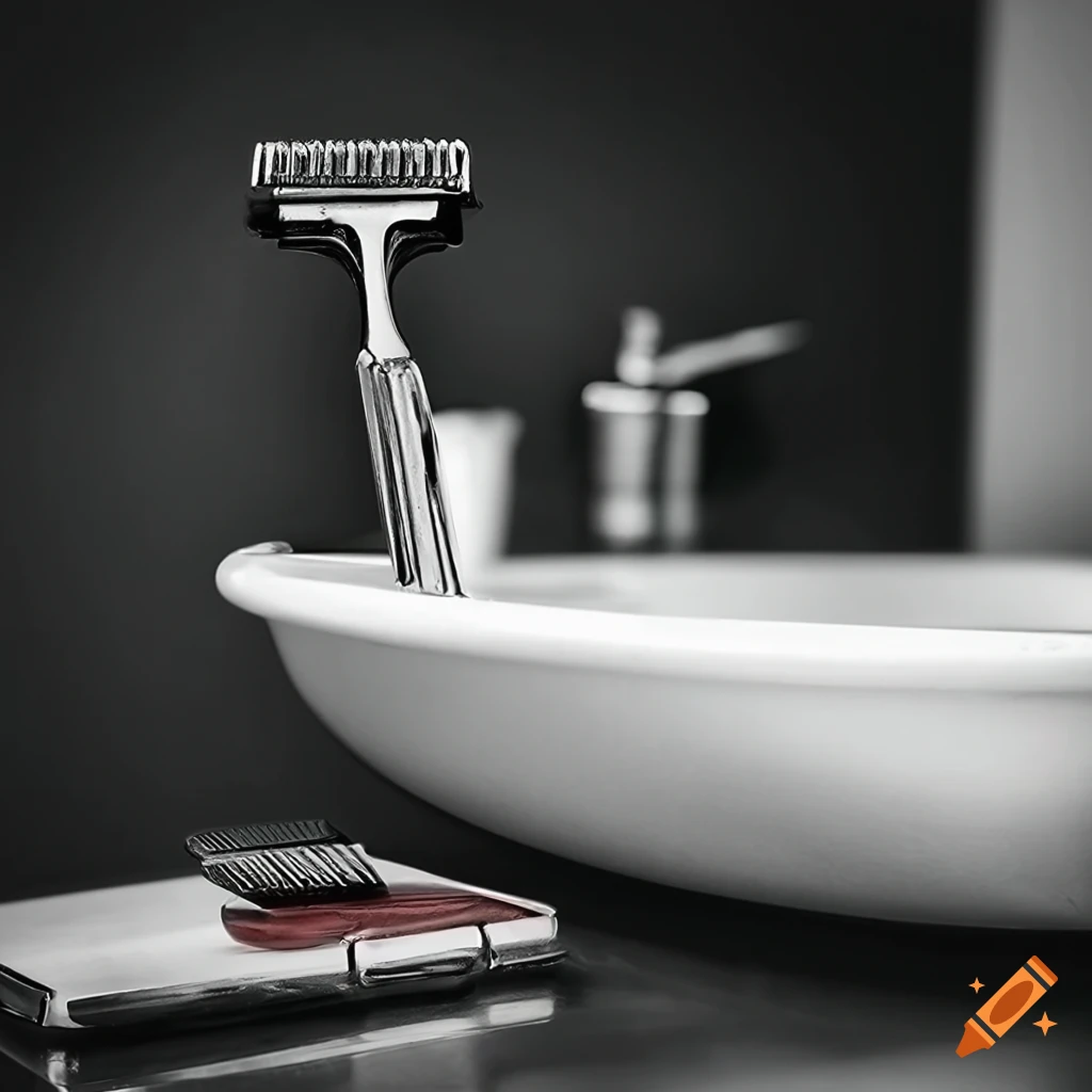 Vintage barber razor with shaving kit on a bathroom sink on Craiyon