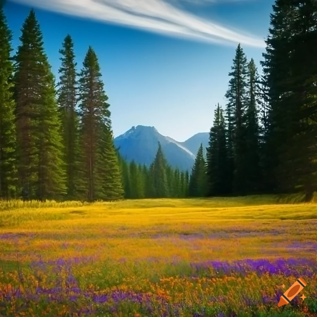 Photo of a colorful flower field with pine trees in the distance on Craiyon