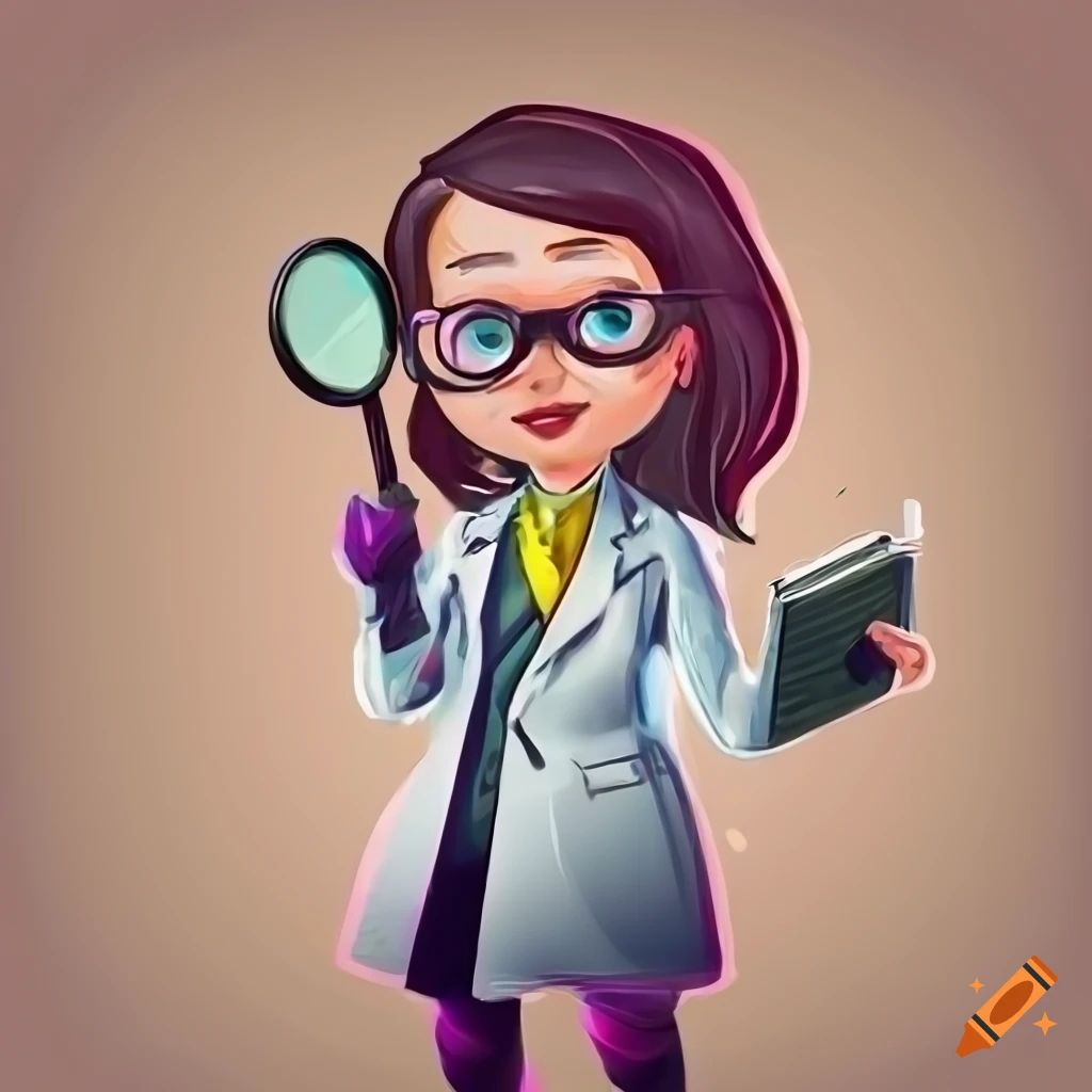 Digital art illustration of a female scientist detective in a ...
