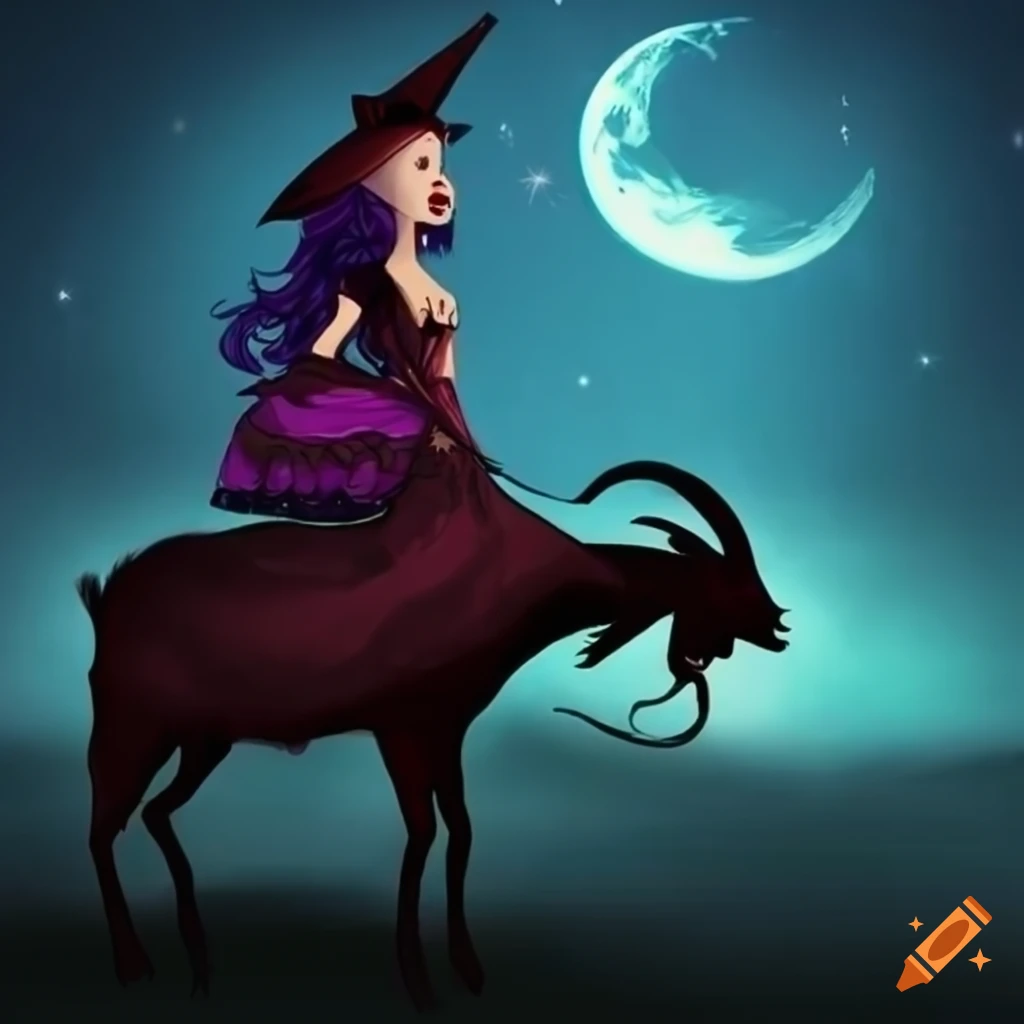 Illustration of a witch on a flying goat in the night sky on Craiyon