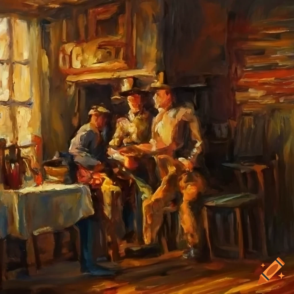 Impressionist oil painting of an old pub with embracing outlaws on Craiyon