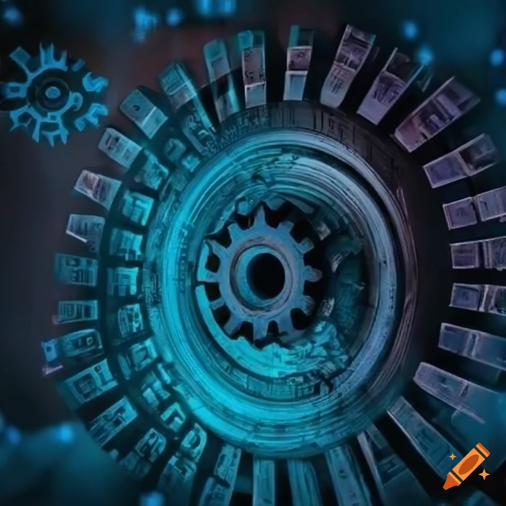 Abstract machine symbol with gears and data on Craiyon