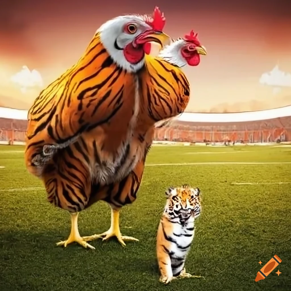 Giant chicken playing with a small tiger on a football field on Craiyon