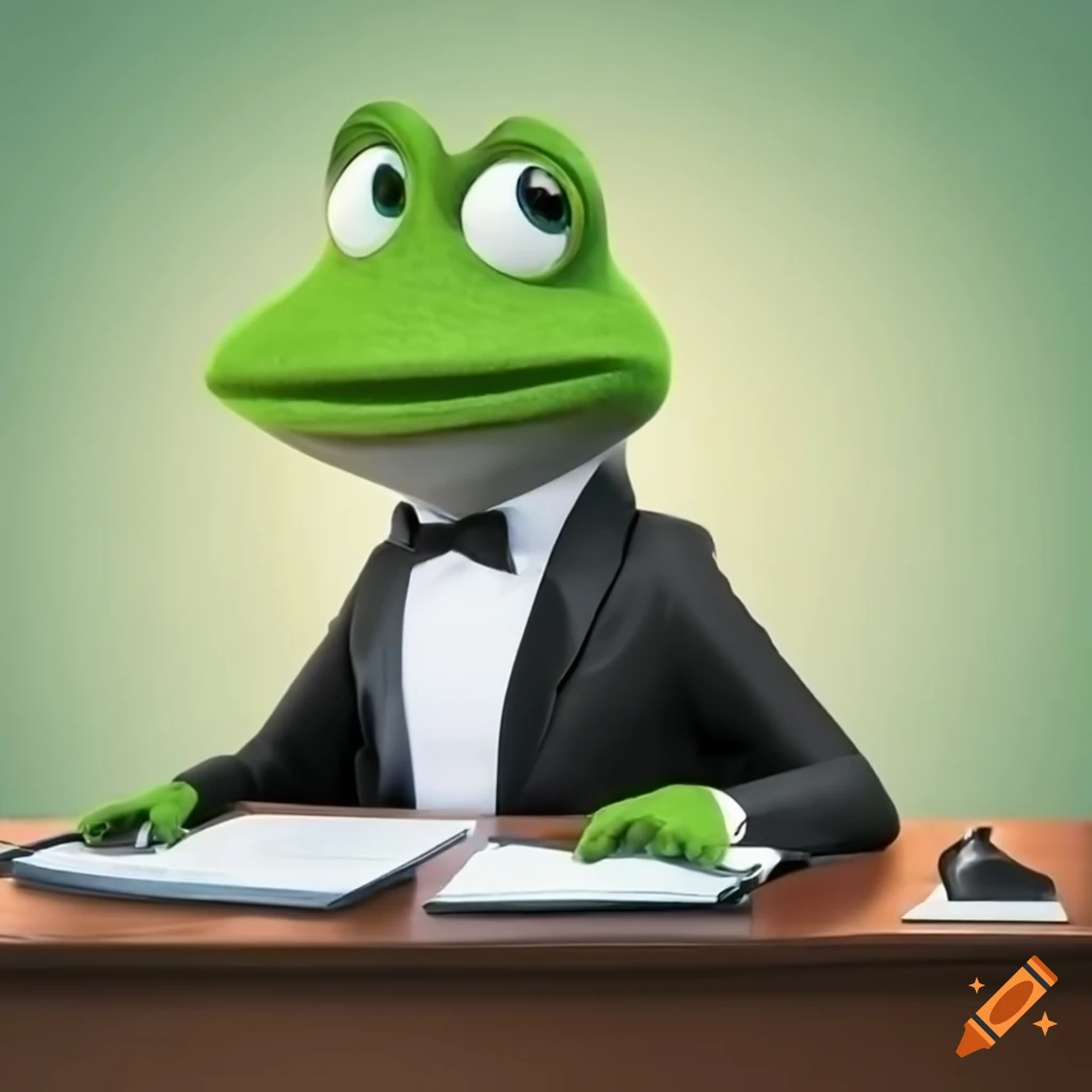 3D render of a dapper frog in an office setting on Craiyon