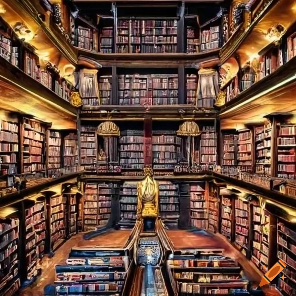 Image of a magnificent fantasy library with high wooden shelves on Craiyon