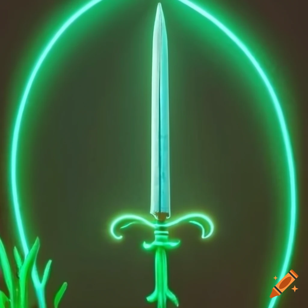 Neon medieval sword sign with tropical plants in the foreground on Craiyon