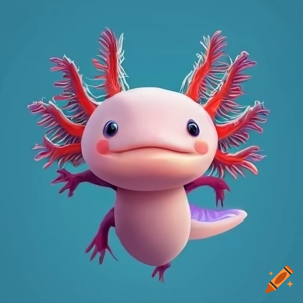 Cartoon axolotl in a detailed aquatic habitat on Craiyon
