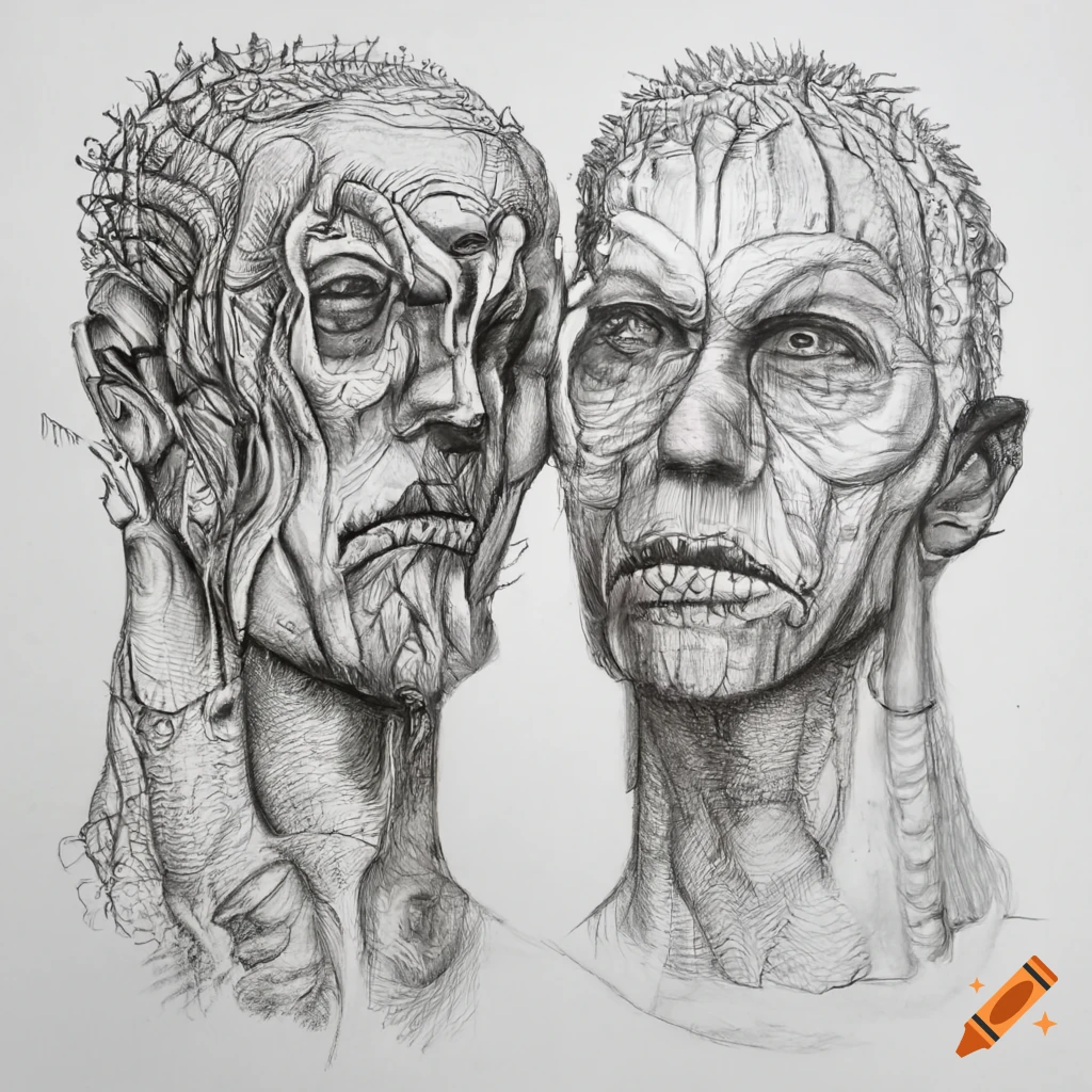 Intricate pencil sketch of multiple faces on Craiyon
