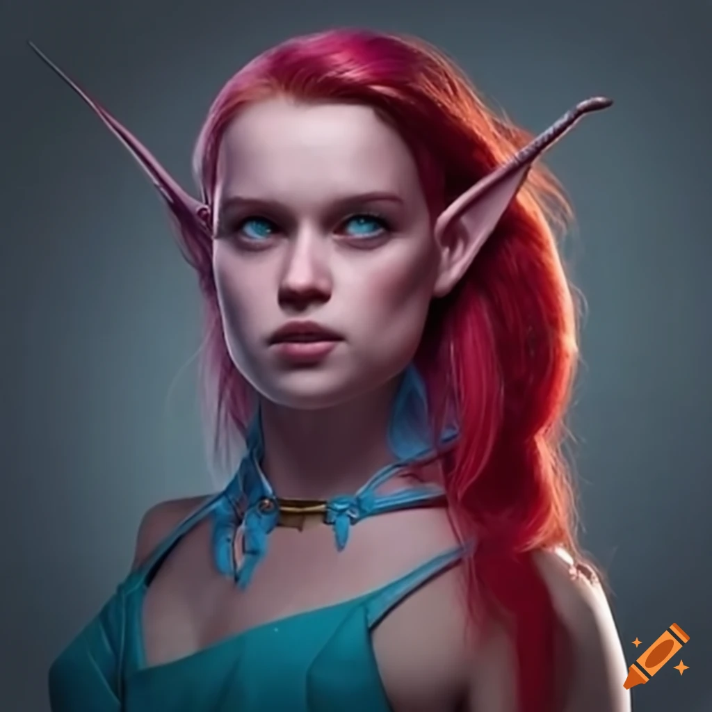 Cosplay of a blue skinned elf with red hair on Craiyon