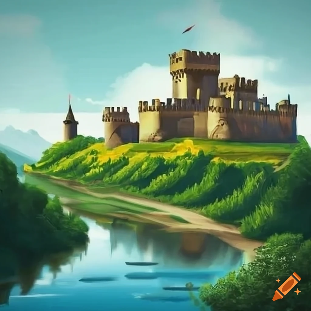Painting of a medieval castle by a river on Craiyon