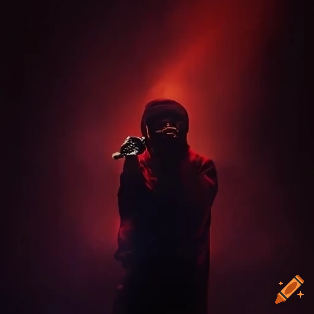 Rapper performing on stage in a smoke-filled concert hall on Craiyon