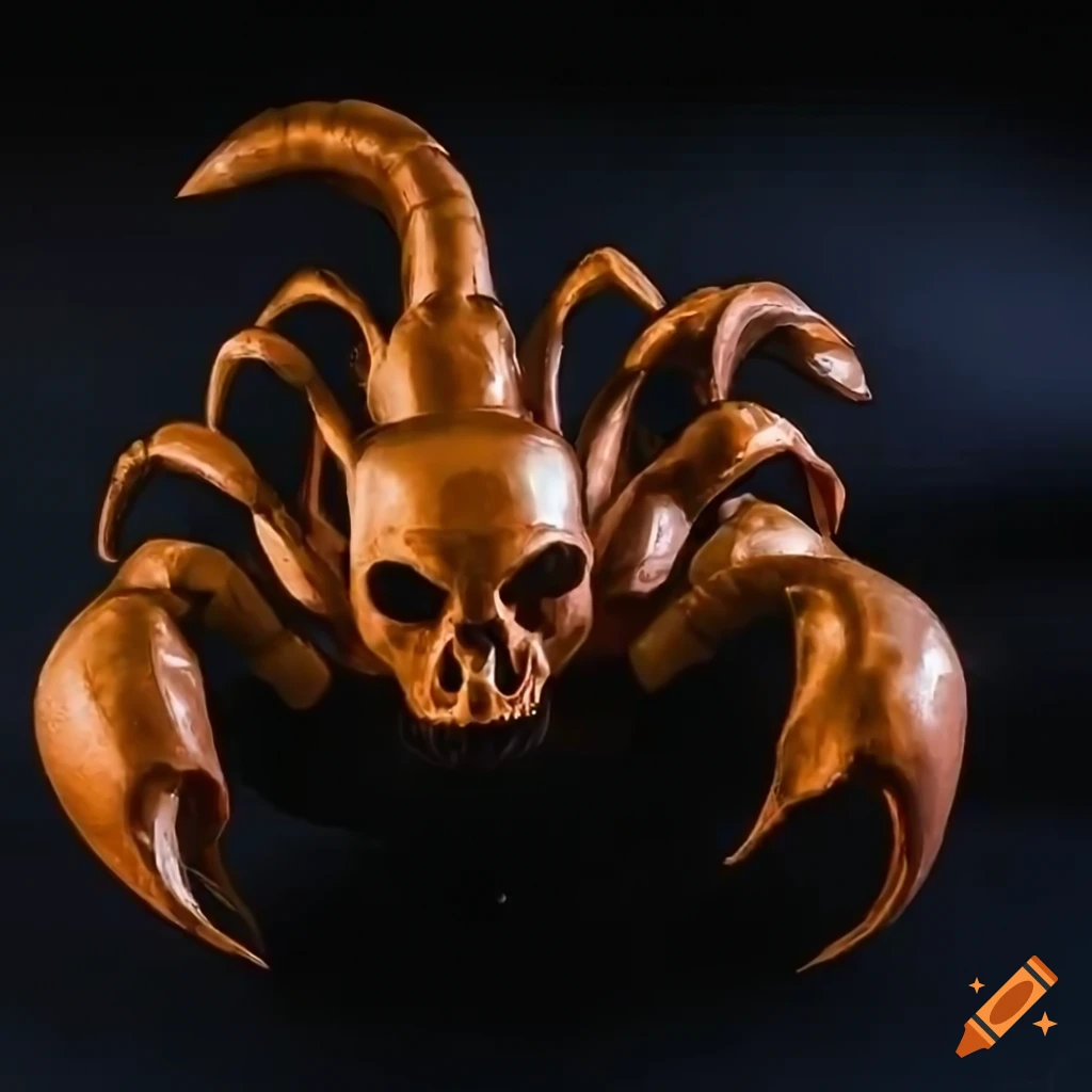 Art of a symmetrical giant scorpion with a human skull face on Craiyon