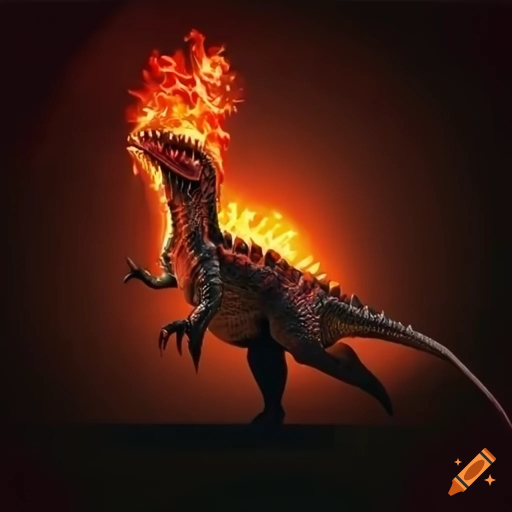 Digital art of a fiery allosaurus dinosaur on Craiyon