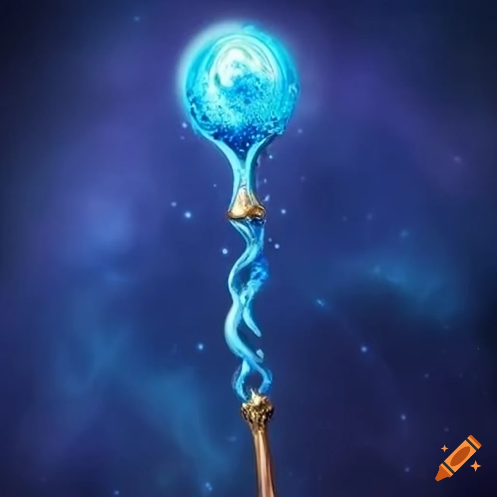 Blue magical staff with sparkly orb and water motif on Craiyon
