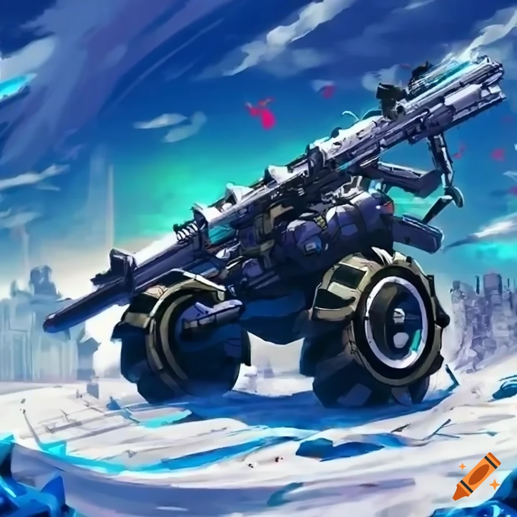 Fantasy anime art of a machine with guns on Craiyon