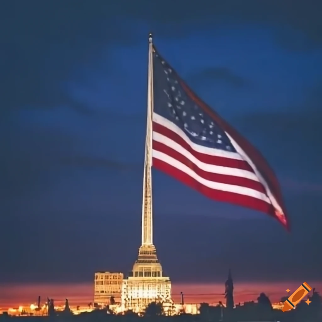 Aerial view of the world's largest American flag over a town on Craiyon