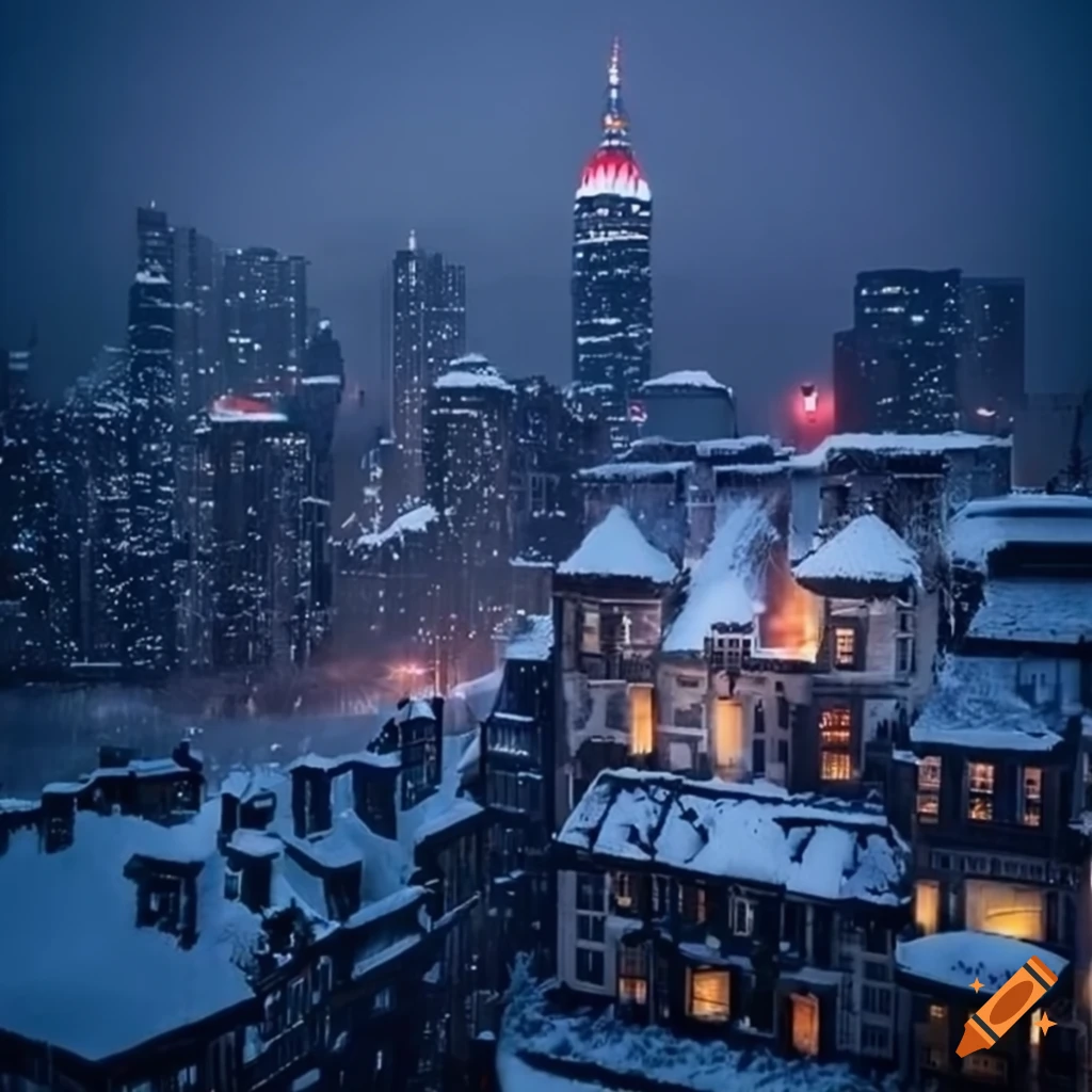 City covered in snow at night on Craiyon