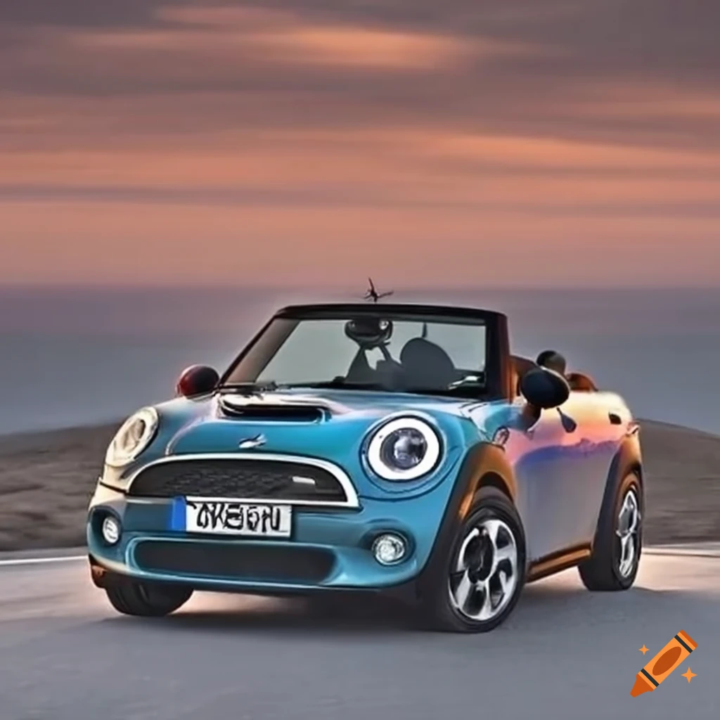 Mini cooper cabrio driving on a scenic road on Craiyon