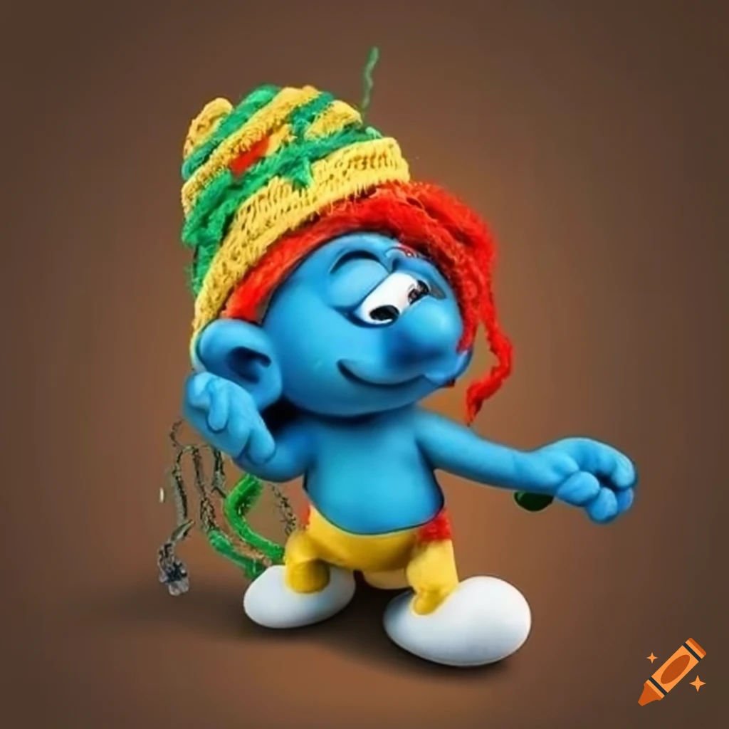 Cartoon smurf with a Rastafarian hat and dreadlocks on Craiyon