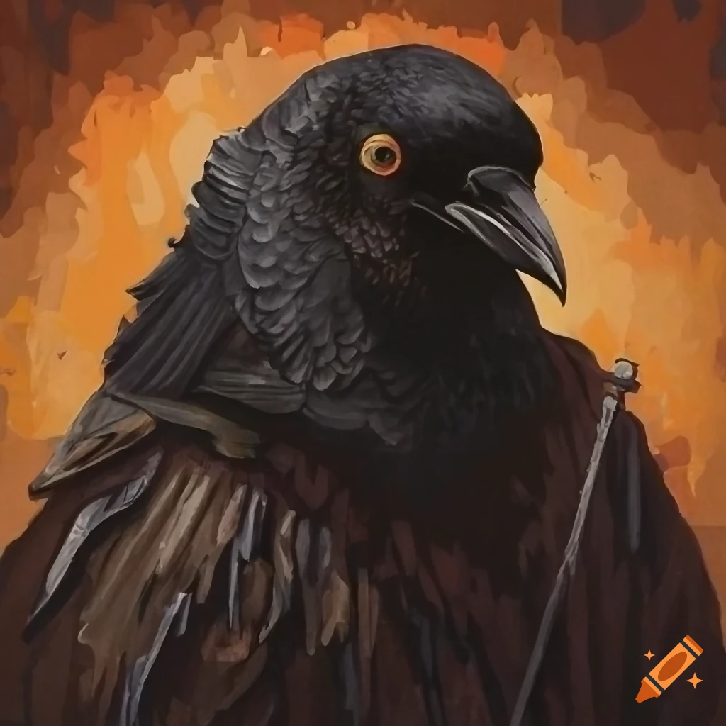 Artwork of a crow with weapons in a post-apocalyptic setting on Craiyon