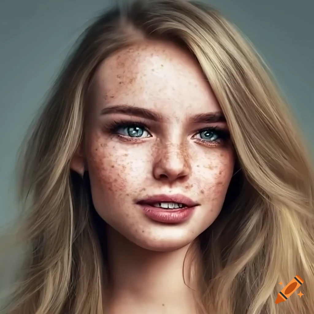 Beautiful young woman shoulder-length hair very light freckles on Craiyon