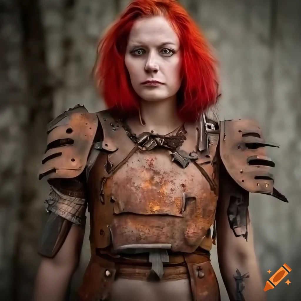 Artwork of a fierce woman warrior in a toxic wasteland on Craiyon