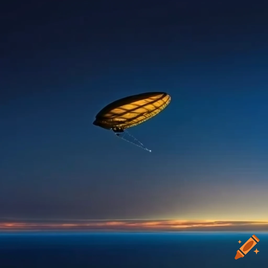 Airship gliding through a starry night sky above the ocean on Craiyon