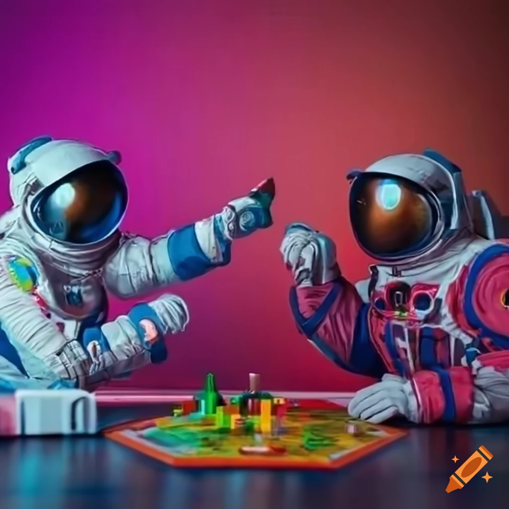 Colorful depiction of two astronauts playing a board game in space on ...