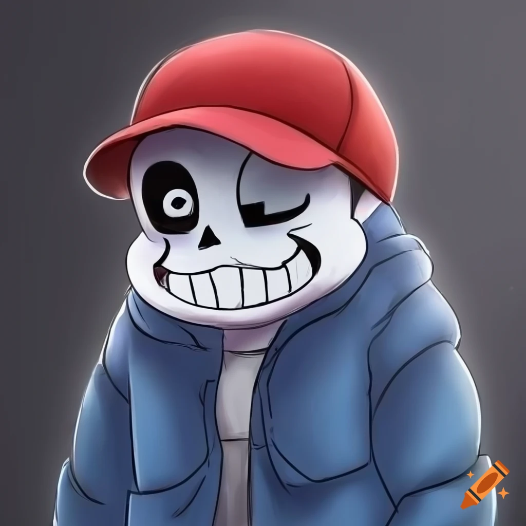Fanart of Sans from Undertale wearing a red baseball cap on Craiyon