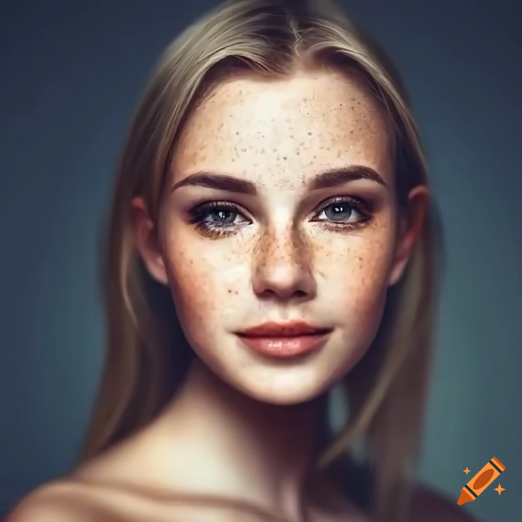 Delicate freckled woman with shy smile on Craiyon