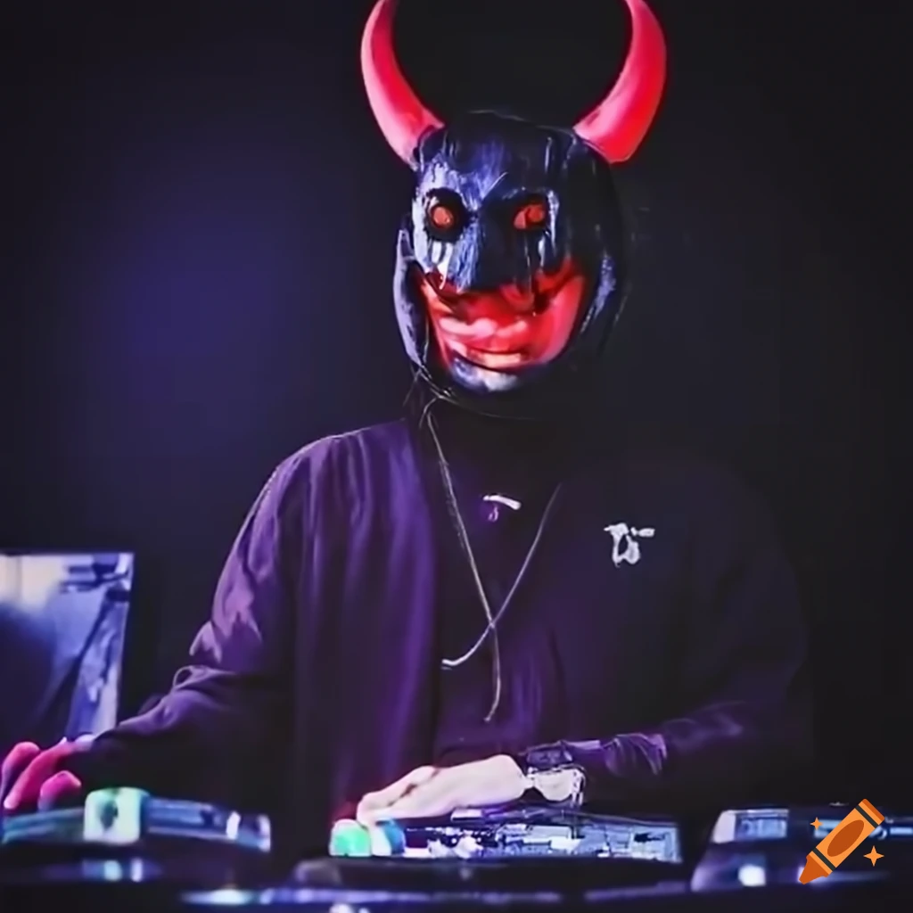 Dj wearing devil helmet playing at a music festival on Craiyon
