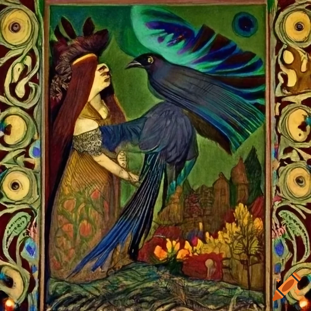 Illustration of a raven in a colorful hooded cloak in a moonlit forest ...