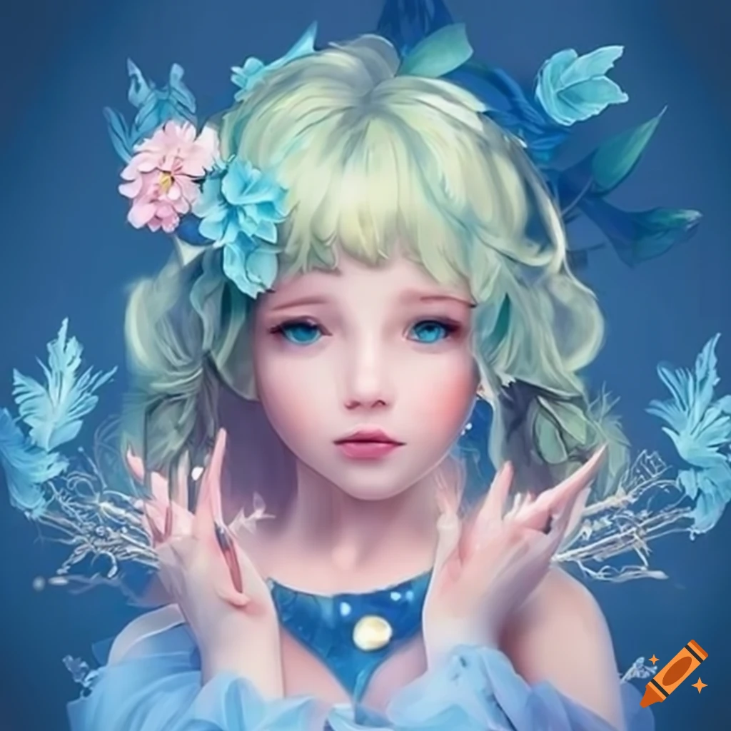 Illustration of a magical girl with blue clothes and blonde hair on Craiyon