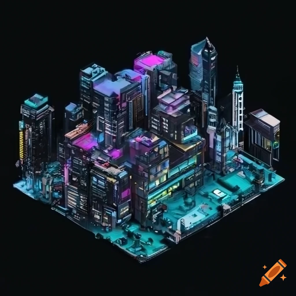 Isometric map of a cyberpunk metropolis on Craiyon