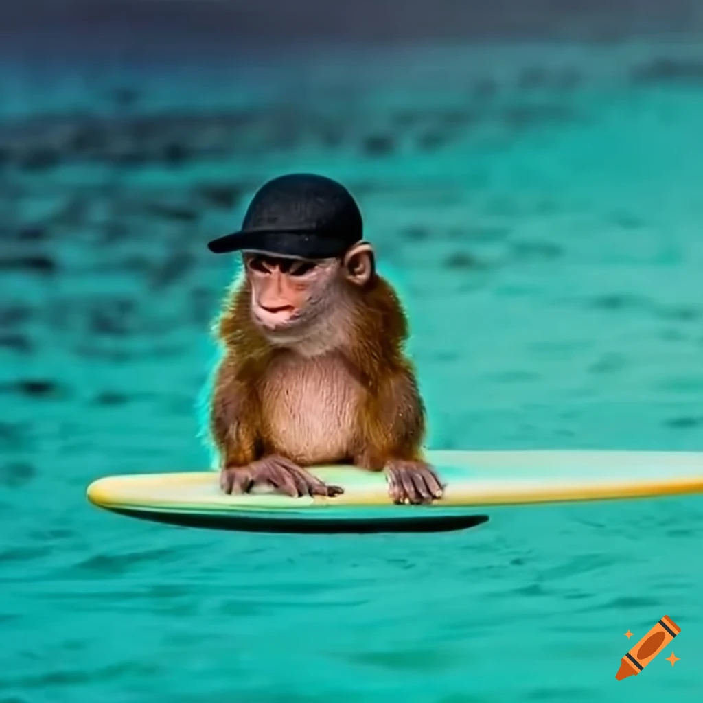 Monkey surfing in the Bahamas with a black baseball hat on Craiyon