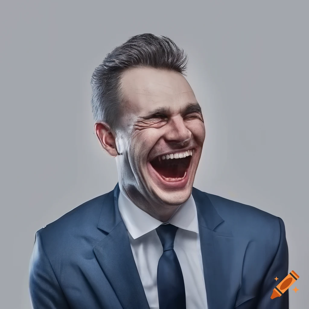 Hyperrealistic portrait of a laughing man in a suit on Craiyon