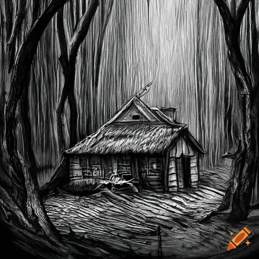 Detailed pencil drawing of a haunted forest with a cabin on Craiyon