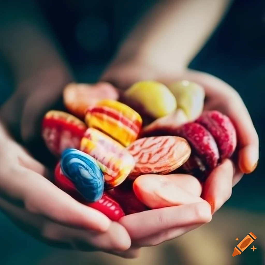 Woman holding a handful of candies on Craiyon