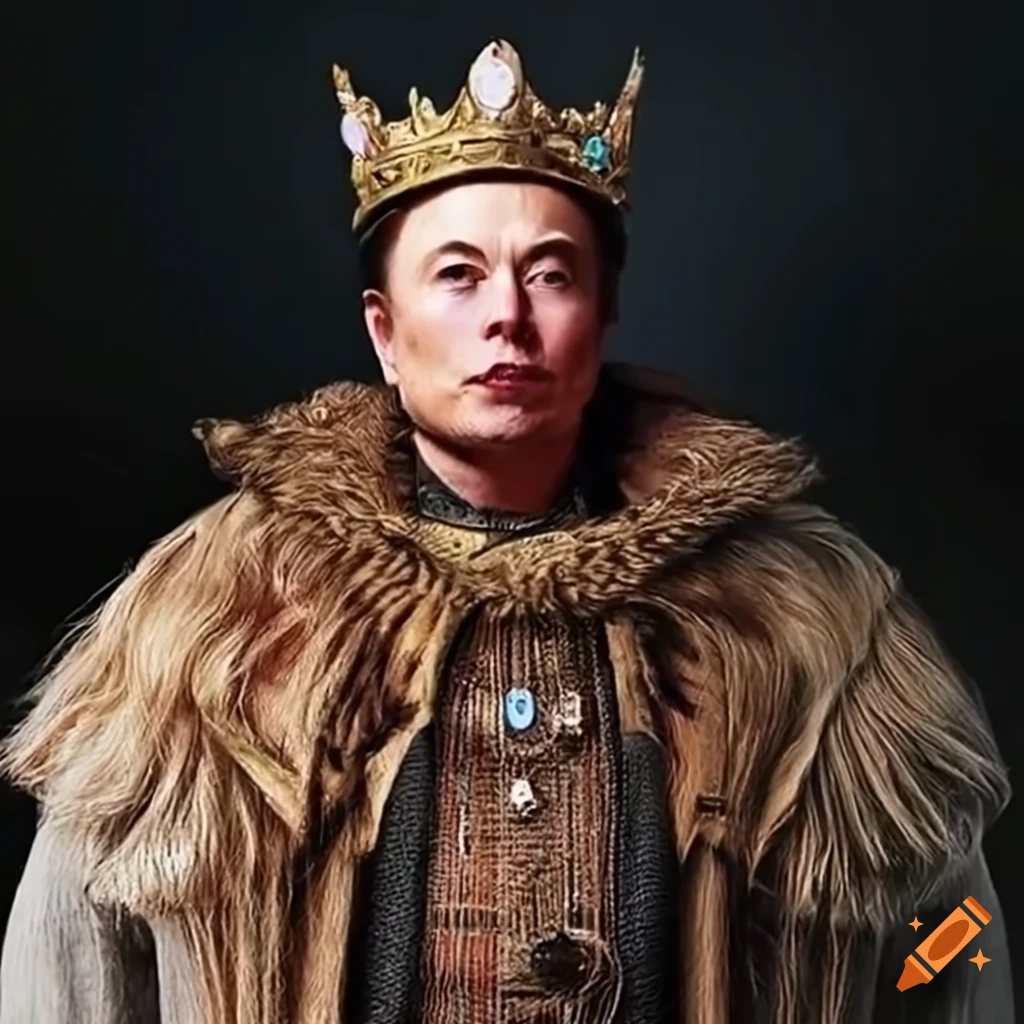 Elon Musk dressed as King of England with a crown on Twitter on Craiyon