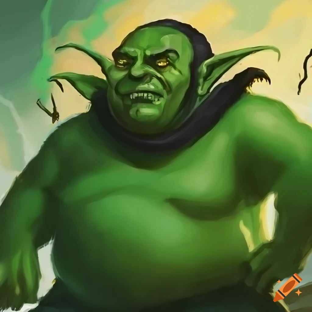 Character illustration of a fat bald goblin in fur loincloth on Craiyon